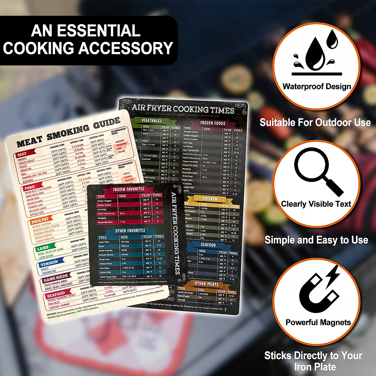 3PC Meat Smoker Guide，Meat Temperature Magnet,Meat Temperature Chart,BBQ Grill Smoker Accessories,Smoker Accessories Gifts for Men-Cook Time,Temperature Guide.