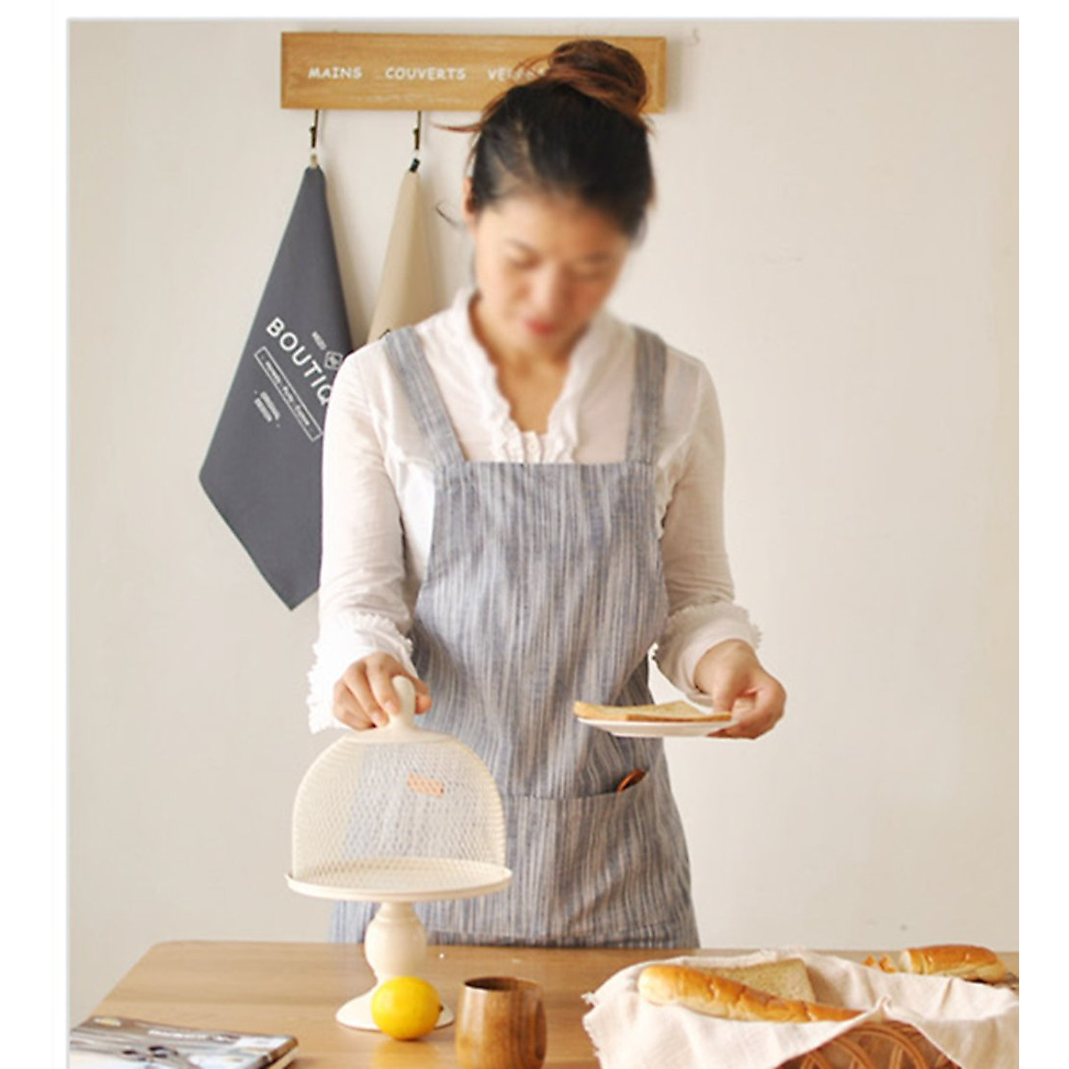 BBYBBS Linen Pinafore Apron Japan Style Mediumweight Japanese Apron Cross Apron No Tie Apron Double Front Large Size Pockets Halter Cross Bandage Aprons (blue)