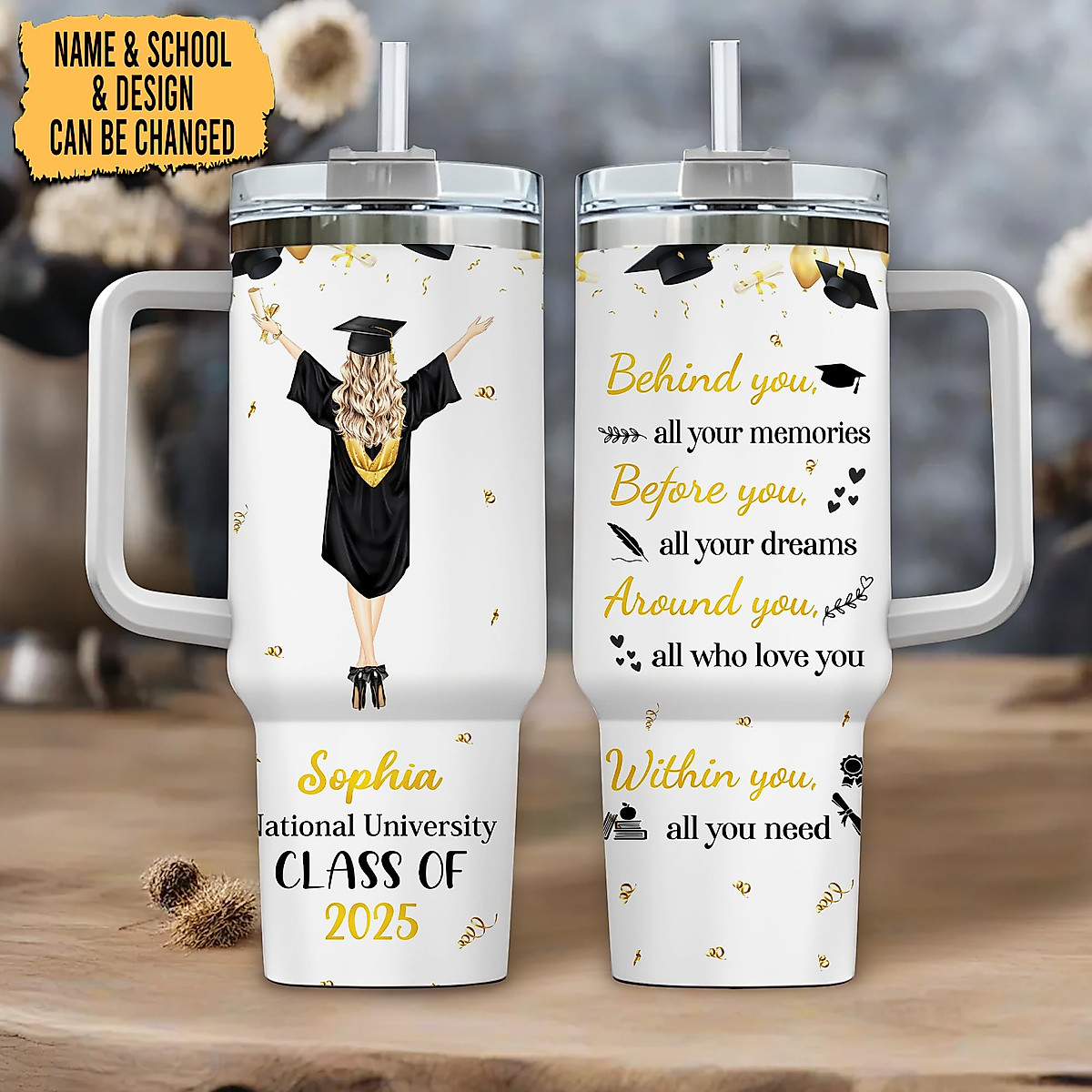 Hyturtle Personalized Graduation Tumbler Class Of 2025 - Graduation Gifts For Her Women - Best Congrats Grad Gifts For College High School Masters Degree - Stainless Steel Travel Coffee Cup With Lid