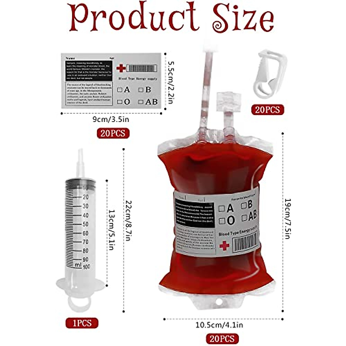 20 Pack Halloween Decorations Blood Bag Drink Pouches for Home Party Decor Supplies Zombie Vampire Party Indoor Outdoor Decoration with Syringe, Clips and Stickers