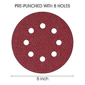 Miady 5-Inch 8-Hole Hook and Loop Sanding Discs 100PCS, 120/240/320/600/800 Assorted Grits Sandpaper - Pack of 100