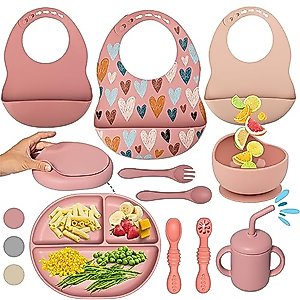 HappyDoo - Baby Led Weaning Supplies 10 pcs - Silicone Feeding Set For Baby with Baby Spoon Set + Suction Plates For Baby + Suction Bowls Silicone Plates - BPA Free and BLW Utensils - Baby Eating Set