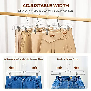 HOUSE DAY Pants Hangers 12 Pack Skirt Hangers with Clips 14 Inch Clear Hangers 360-Rotating Stainless Steel Clips,Hangers with Adjustable Clips for Adult and Hangers for Pants, Skirts, Jeans,Slacks