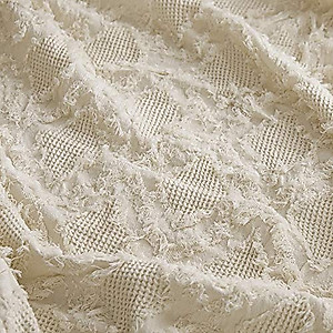 Simple&Opulence 100% Cotton Throw Blanket for Bed, Couch, Boho Textured Geometric Knit Woven Blanket with Tassels Soft, Lightweight Breathable Shabby Chic Farmhouse Decoration for All-Season(White)