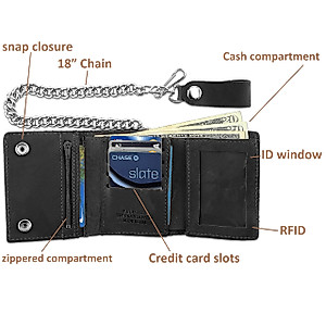 RFID Blocking Men's Tri-fold Vintage Biker Cowhide Leather Steel Chain Wallet,Snap closure, Made In USA,tc315-solid black