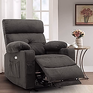 Consofa Power Recliner Chair with USB Port and Cup Holders, Faux Leather Electric Reclining Chair with Extended Footrest, Power Recliner with Soft Cushion and Back for Living Room (Grey, Recliner)