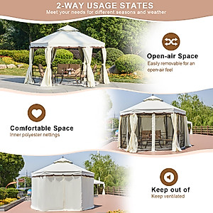 Outdoor Pop up Canopy Tent Gazebo,10x12 Double Roof Outdoor Pergola Tent Steel Frame gazebo curtains outdoor waterproof with Curtains and Mosquito Netting for Patio Garden Backyard Lawn Deck Yard