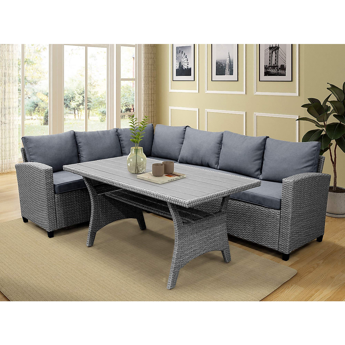 Goohome Patio Outdoor Furniture, L-Shaped All-Weather PE Rattan Wicker ConversationSet Sectional Sofa Set with Coffce Table and Comfort Cushions, for Backyard, Garden, Poolside, Deck, 1, A-Gray