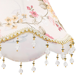 Yardwe Vintage European Lampshade with Flower Pattern Vintage Cloth Art Fringe Bead Lampshade with Tassel Fabric Dome Lamp Shade for Living Room Bedroom E27
