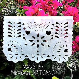 White Papel Picado Mexican Paper -5Pack- Medium Mexican White Banners -60 Panels Wedding Bridal Decorations Garland Flags 16 Feet Long Each Strip -Handmade by Mexican Artisans