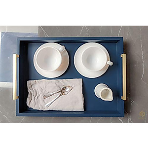 Montecito Home Decorative Coffee Table Tray - Ottoman Tray - Breakfast, Drinks, Liquor Serving Platter - from Farmhouse to Modern - Matte Finish - Champagne Gold Handles - Twilight Blue