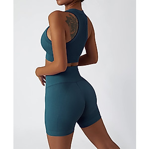 ABOCIW Women 2 Piece Seamless Gym Workout Sets Ribbed High Waist Biker Shorts with Racerback Sports Bra Yoga Crop Tank Top Yoga Exercise Outfit Teal Large