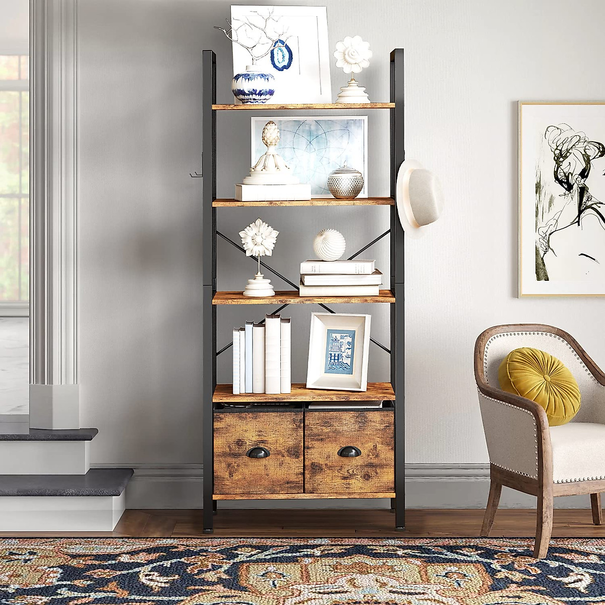 oneinmil 5-Tier Bookshelf with 2 Storage Drawers, Industrial Display Standing Shelf, Rustic Wood Storage Shelf with Metal Frame, Open Bookcases for Living Room, Bedroom, Home Office (Brown)