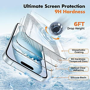 UNBREAKcable 3-Pack Screen Protector for iPhone 15, Double Shatterproof Tempered Glass [Easy Installation Frame] [9H Hardness] [99.99% HD Clear] [Case Friendly] for iPhone 6.1 inch