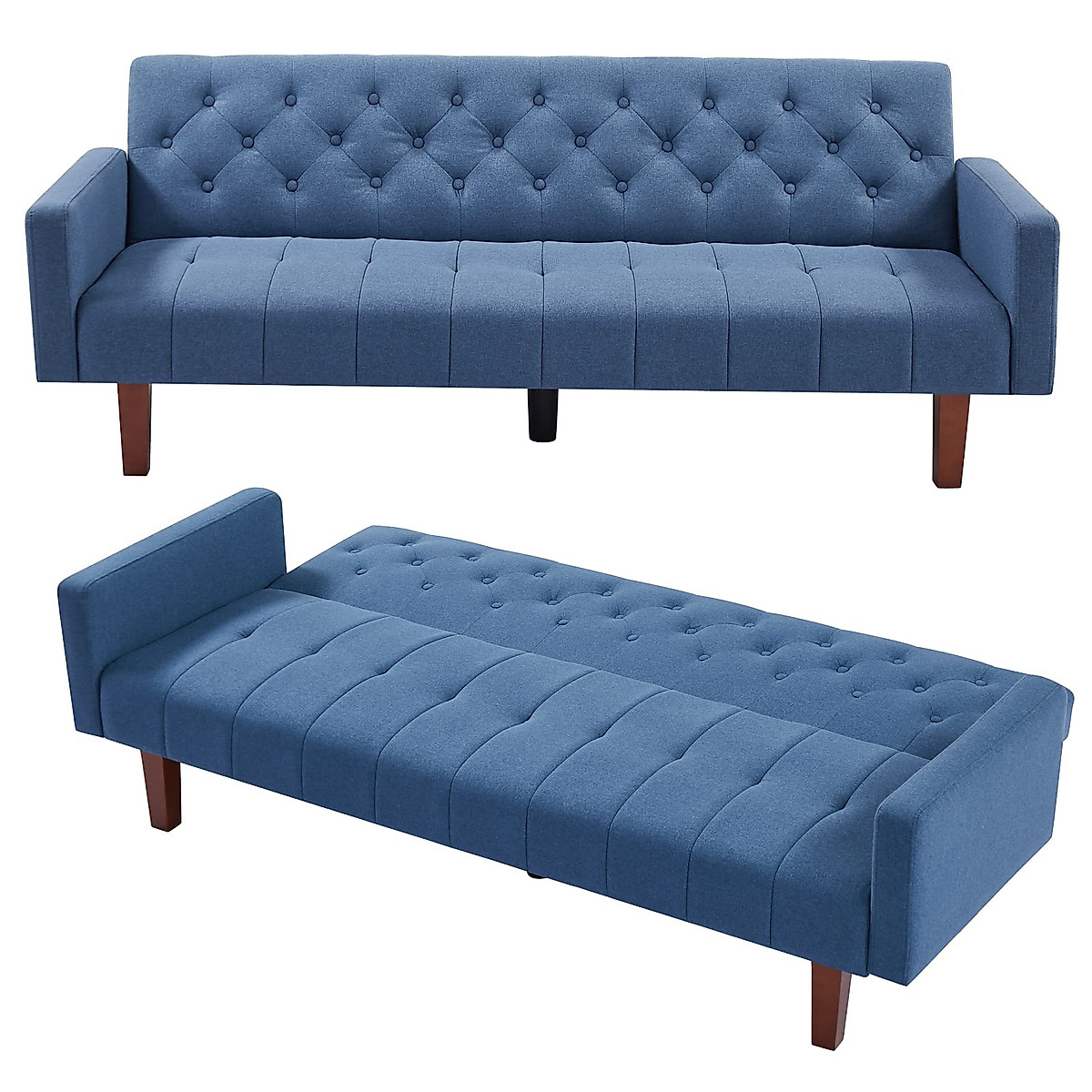 mikibama Tufted Linen Futon Sofa Couch Bed for Living Room Convertible Fabric Blue Upholstered Sleeper Futon Guest Bed Twin Size with Solid Wood Legs for Small Spaces