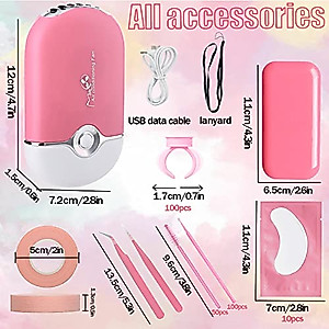 Eyelash Extension Supplies Kit for Professionals 1 Mini Fan Lash Dryer,Lash Extension Silicone Pad,2 Tweezers,Tapes,10 Under Eye Gel Pads,50 Mascara Brush,100 Micro Applicator,100 Glue Ring (Pink B)