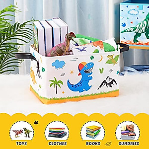 WERNNSAI Dinosaur Storage Basket – Foldable Storage Bin for Boys Waterproof PE Coating Canvas Fabric Laundry Basket Toy Bins with Handles Organizer Box for Clothes Books Bedroom House Nursery