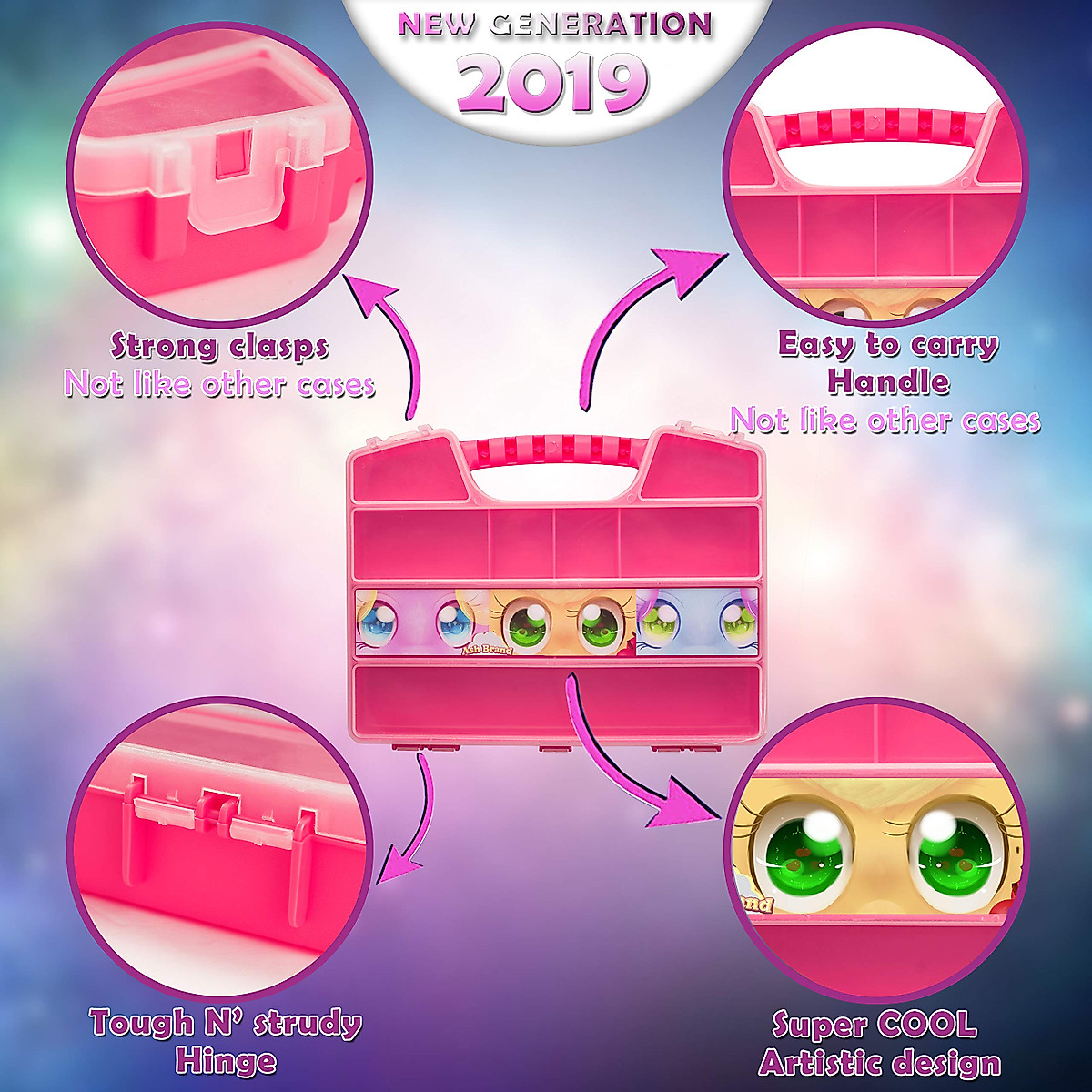 ASH BRAND DURABLE FIGURES CASE ORGANIZER BOX | Fits Up to 50 Mini Colleggtibles Eggs Toys Figurines, Miniature Characters Or Tiny figure| Large Compartments | Pink Carrying Case Box with Handle