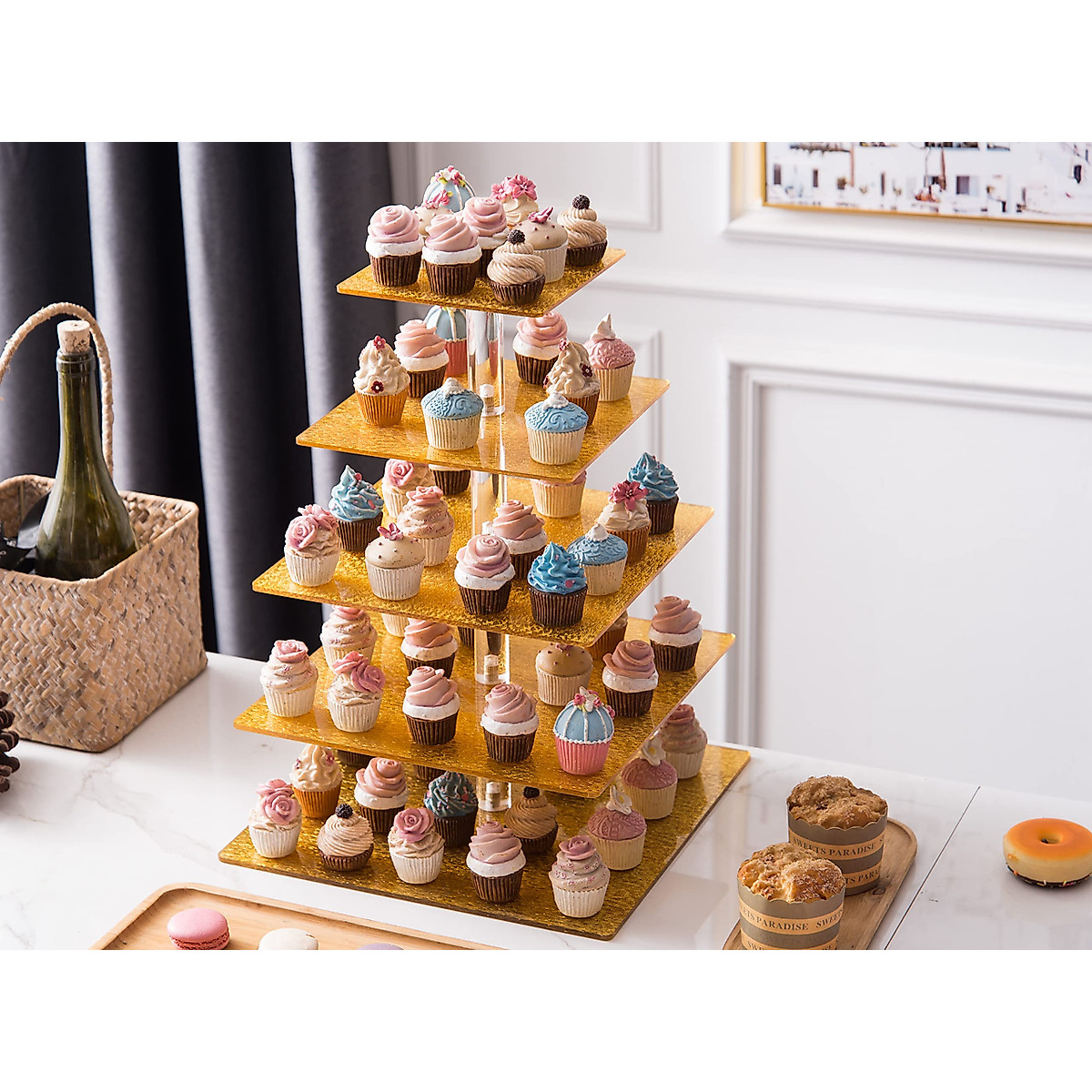 BLBYHO 5 Tier Gold Cupcake Stand, Acrylic Cup Cake Tower Display Dessert Stand, Square Cake and Cupcake Stand Combo Set for Dessert Table Bases para Cupcakes, Good for Party, Wedding, Christmas