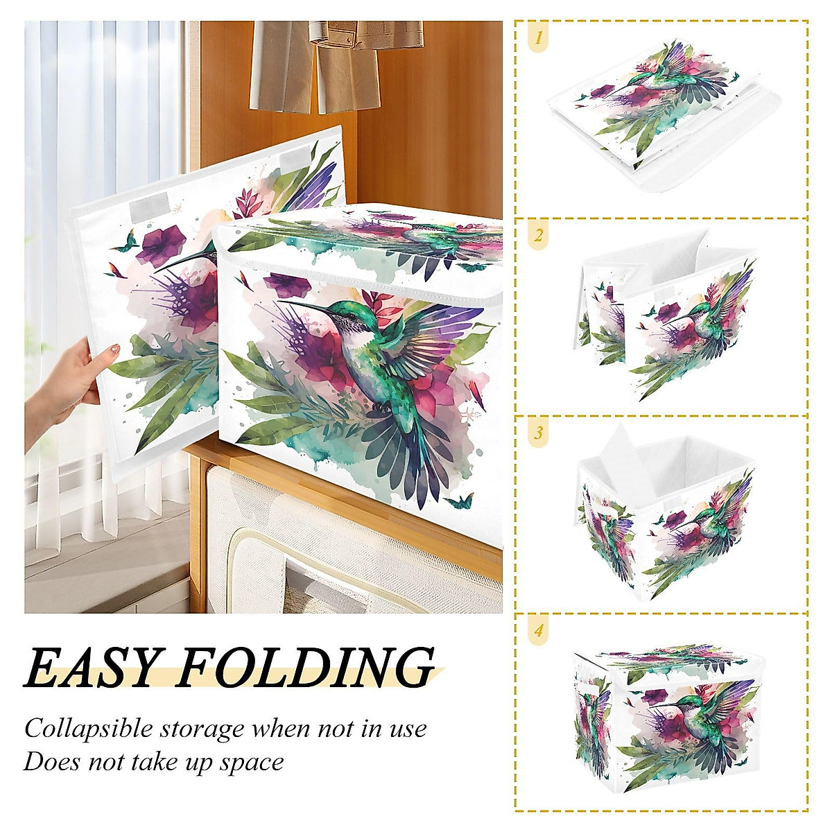 DIGTIA Beautiful Tropical Bird Storage Bins with Lids Spring Hummingbird Foldable Storage Basket with Handles Collapsible Large Fabric Organizer Containers for Clothes Shelves Closet Office Home Bedro