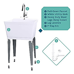 JS Jackson Supplies White Utility Sink Laundry Tub with High Arc Chrome Faucet, Pull Down Sprayer Spout, Heavy Duty Slop Sinks for Basement, Garage, or Shop, Free Standing Wash Station