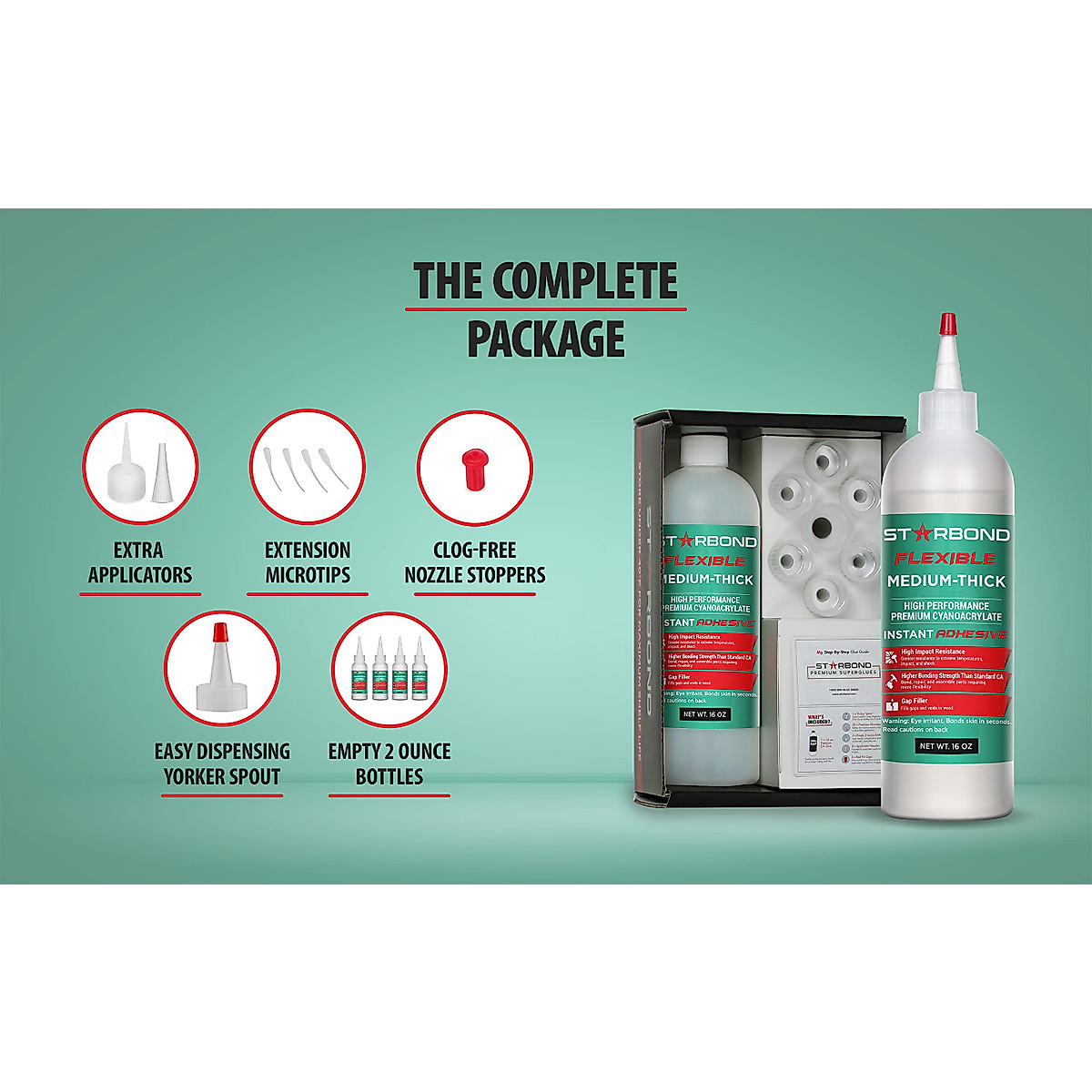 Starbond KEG-500 Flexible Medium Thick, Premium CA - Super Glue Plus Extra Bottles, Caps, and Microtips, 16 oz.