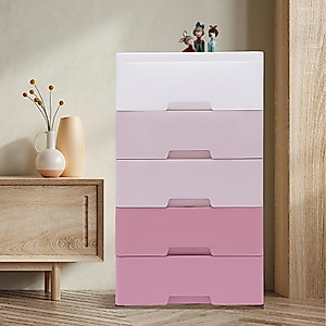 Xianikoho Storage Cabinet for Toy Organizers and Storage Bedroom Clothing Drawer Cabinet and Craft 5 Drawer Plastic Storage Canisters Sets with Shelving Units and Storage (Gradient Pink)
