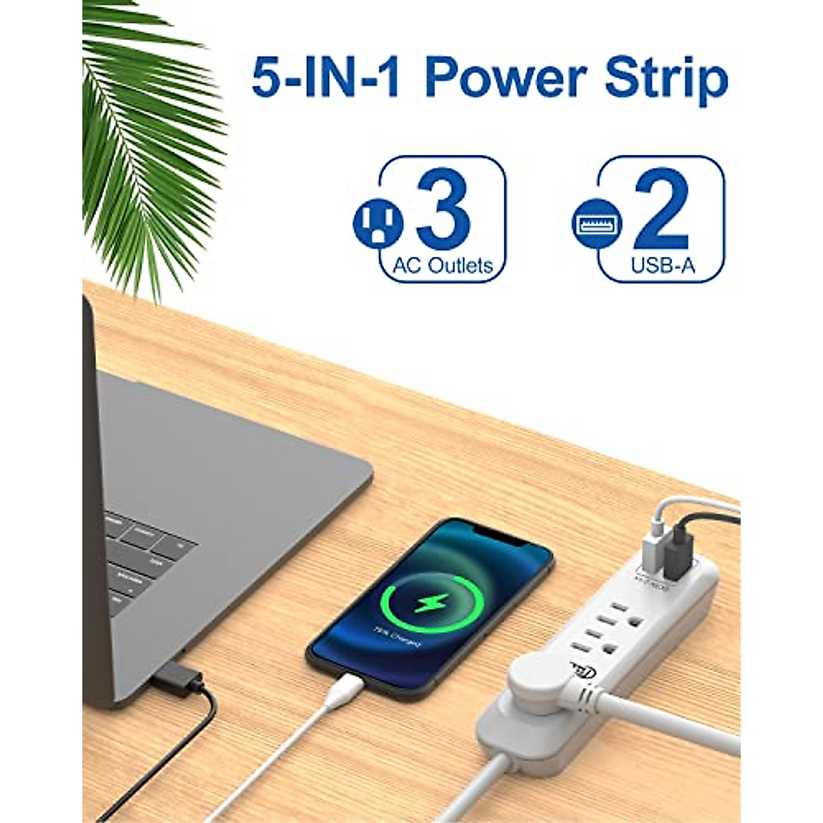 USB Power Strip Surge Protector Long Extension Cord 6 feet, 3 Outlets, 2 USB Ports (2.4A/12W), Overload Protection, Mountable Power Strip for Home Office, 1250W/10A, SGS Listed, White