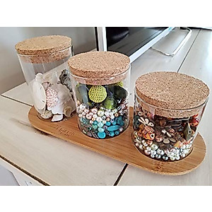 SplashSoup Glass Jar Set on Bamboo Tray, Natural Cork Lids, Bath Item Qtip Cotton Ball Canisters, Seasonal Display Decor, Centerpiece