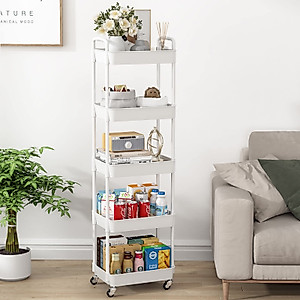 JIUYOTREE 5-Tier Rolling Storage Cart Utility Cart with Lockable Wheels for Living Room Bathroom Kitchen Office White