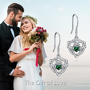 VONALA Claddagh Earrings with Emerald Crystal 925 Sterling Silver Irish Celtic Knot Heart Dangle Dangling Drop Charm Earrings Valentines Day Jewelry Gifts for Women