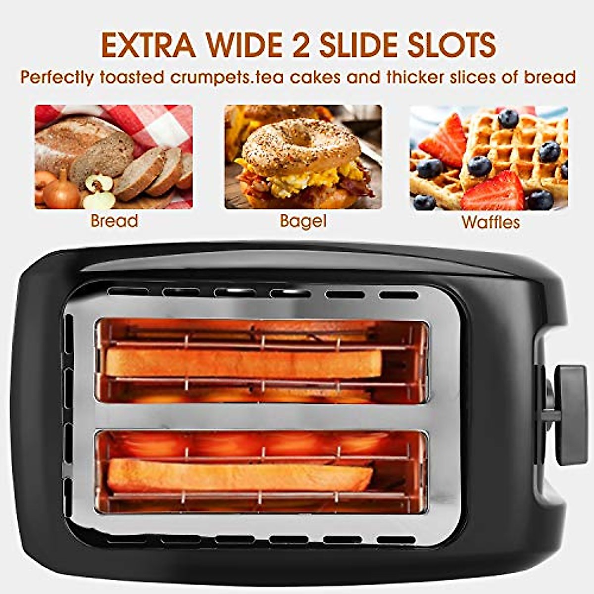 Toaster 2 Slice Stainless Steel Toaster Two Slice Toaster with Removable Crumb Tray Toaster Wide Slot Toasters 2 Slice Best Rated Prime with 7 Bread Shade Settings and Bagel, Defrost, Cancel Function for Bread (Black-2P)