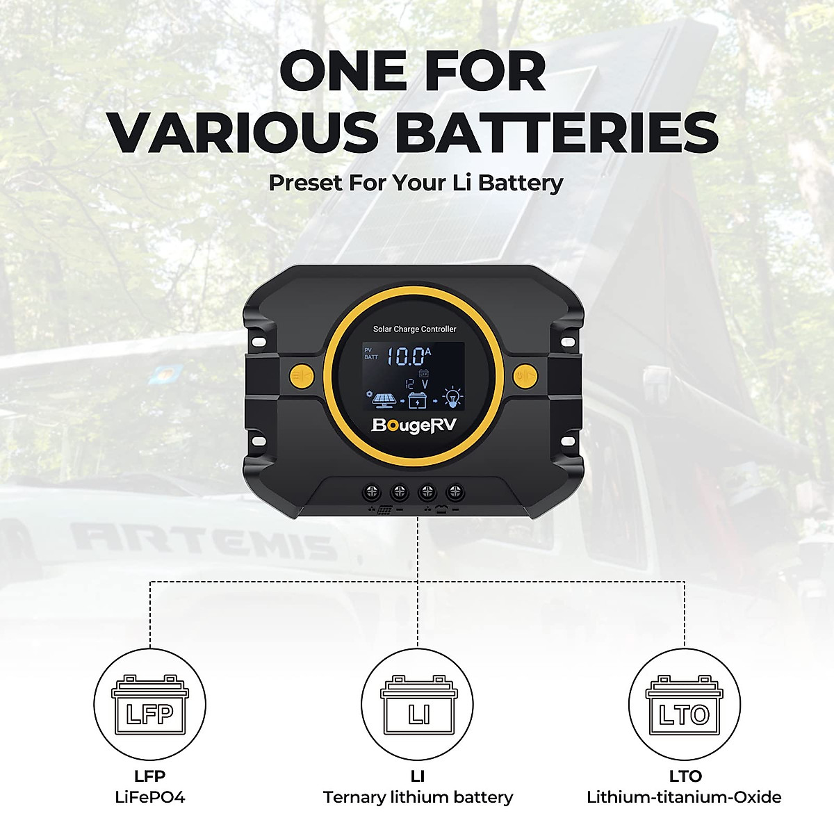 BougeRV Li 10A PWM Solar Charge Controller 12V 24V, Solar Panel Regulator w/ Backlit Display, USB Port, Adjustable Parameter, for Lithium, AGM, SLD, Gel Battery, for RV, Off-Gird, Negative Ground