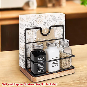 Livabber Napkin Holder, Metal Napkin Holder with Salt and Pepper Shakers Caddy Modern Napkin Dispenser for Table Kitchen Countertop, Not Including Salt and Pepper Shakers (Middle Wooden, Black)