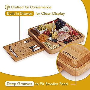 Bamboo Cheese Board Set - Premium Cheeseboard Gift Set - Includes 4 Cheese Knives & 10 Cheese Forks- charcuterie board set, Fruit, Cured Meat Serving Platter With Drawer- Ideal For Parties & Events