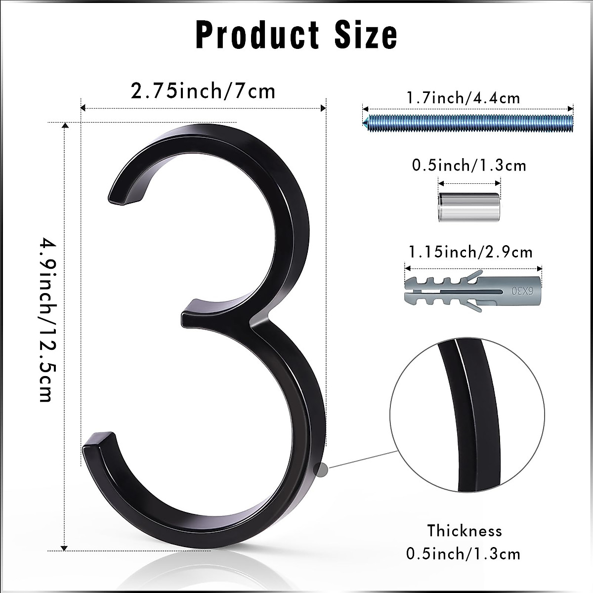 5 Inch Floating House Number 3, VONDERSO Black Metal Modern Outdoor Address Sign for Yard Street and Mailbox, Zinc Alloy Solid Address Numbers and Letters with Exquisite Drawing Process