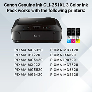 Canon CLI-251XL 3 Color Multi Pack Compatible to MG6320, iP7220, MG5420, MX922, MX722, MG7120, MG6420, MG5520, iX6820, iP8720, MG7520, MG6620, MG5620