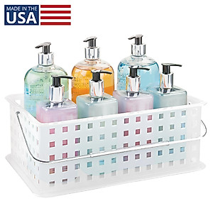 iDesign Spa Storage Organizer Basket with Handle, Stackable Container for Bathroom, Health, Cosmetics, Hair Supplies and Beauty Products, 8.69" x 13.94" x 5.12", Frost White