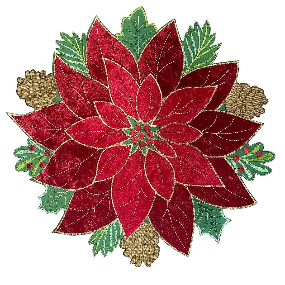 KEVA Holiday Christmas Placemats Set of 4, Embroidered Red Velvet Poinsettia Cutwork Christmas Table Decorations for Home and Kitchen, Red Placemats 16inch Round