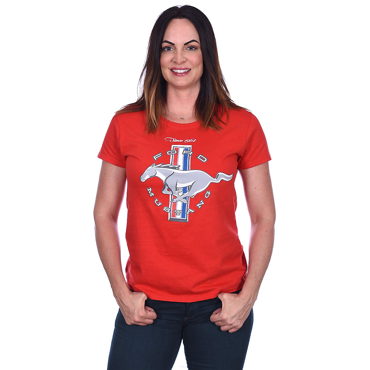 JH DESIGN GROUP Women's Ford Mustang Classic Emblem T-Shirt in Black Red or Heather-Gray (Large, Red)