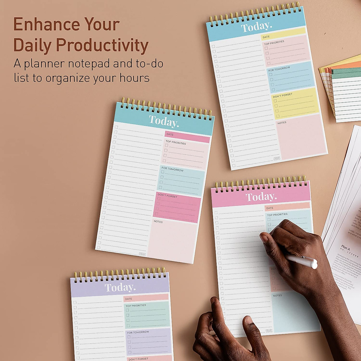 S&O Daily Planner Notepad for Productivity - 52 Page Office To Do List - Undated Coiled Note paper Organizer - Spiral Desk Notebook Perfect for Setting Goals, Task Planning and Organisation - Set of 4