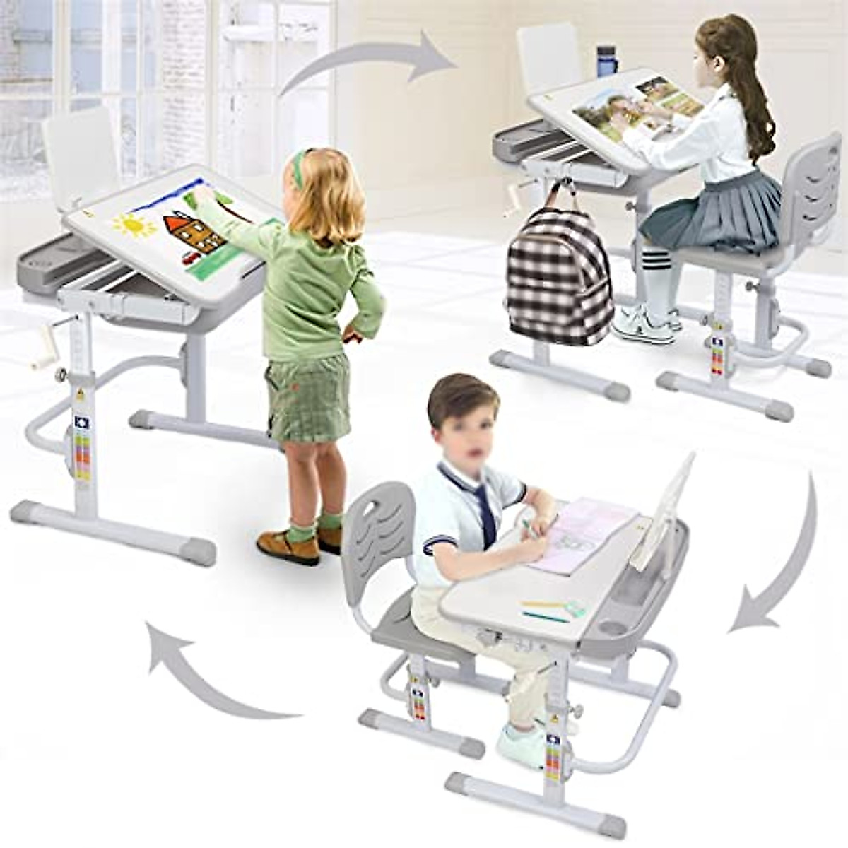 DCOT Desk and Chair Set Height Adjustable Student Study Table Books and Reading Shelves for School Boys and Girls (Color : E, Size : As Shown)