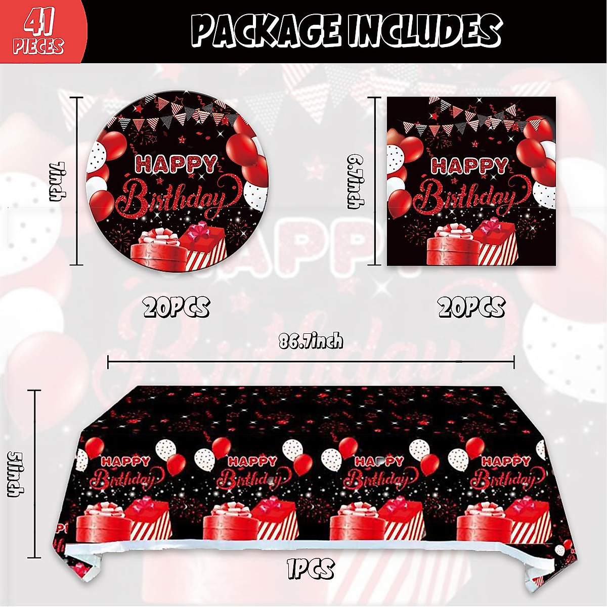 41pcs Black and red Party Supplies ,include 20 Plates, 20 Napkin and 1pcs Tablecloth,Used for Black and red Birthday Party Decoration (AAA)