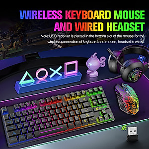 ZIYOU LANG Wireless Gaming Keyboard Mouse and Wired Headphone with Ergonomic 87Key Rainbow Backlight Rechargeable 3800mAh Battery Mechanical Anti-ghosting Mouse pad for PC Laptop Gamer Typist(Black)