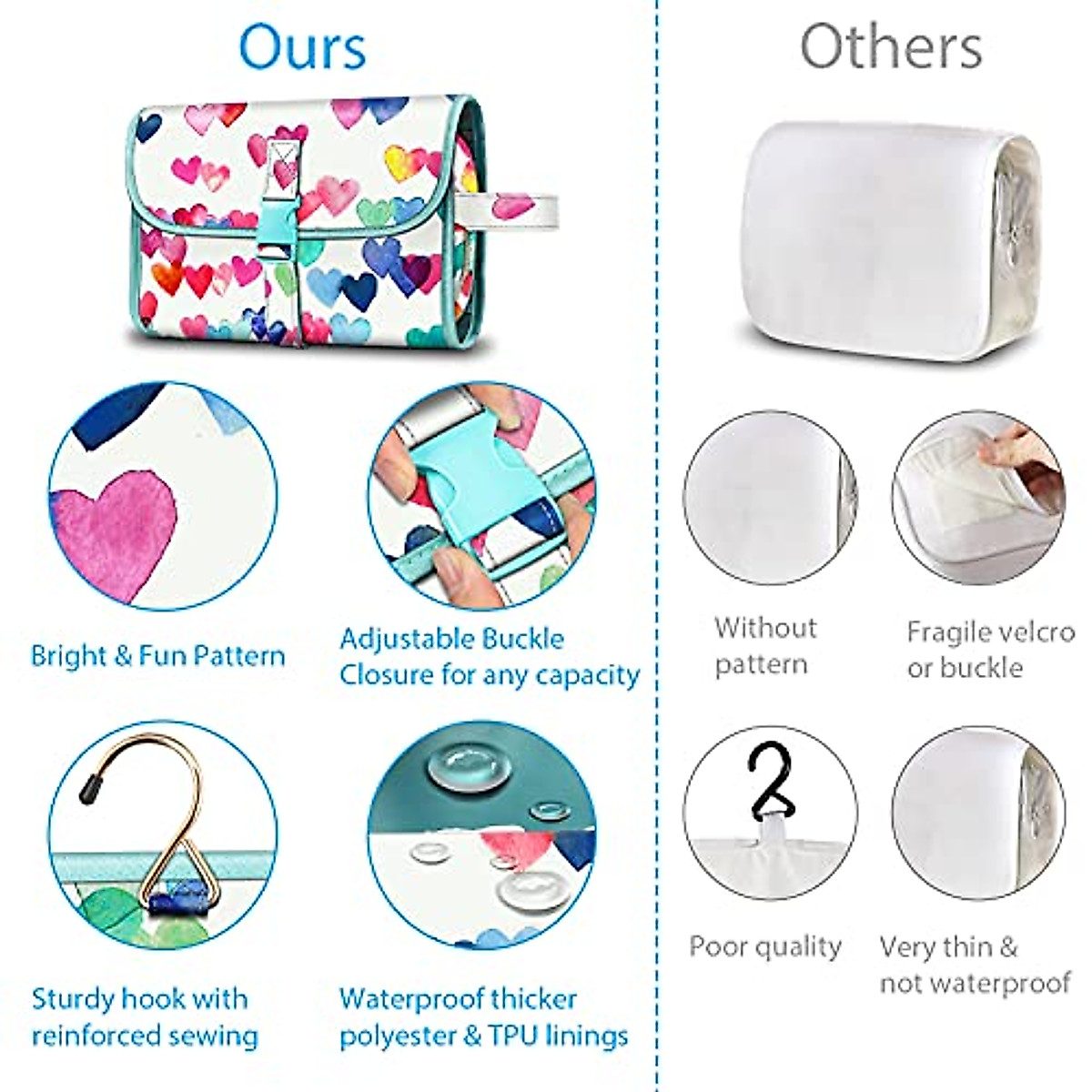 Fintie Portable Toiletry Cosmetic Travel Bag, Large Water Resistant Hanging Makeup Organizer Storage Pouch Case for Women Girls (Raining Hearts)