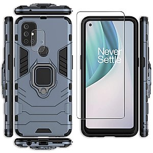Jusy 3p Oneplus Nord N10 5G Case & Tempered Glass Screen Protector & Camera Protector for 1+ Nord N10, Protective Case with Rotate Holder Kickstand and Magnetic Plate for Oneplus Nord N10 (Navy)