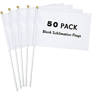 50 Pcs White Small Mini Flags Bulk Sublimation Blank Flags Solid Plain White Flag Hand Held DIY Miniature Flags on Stick for Garden Car Parades Grand Opening Birthday Wedding Party Events Celebration