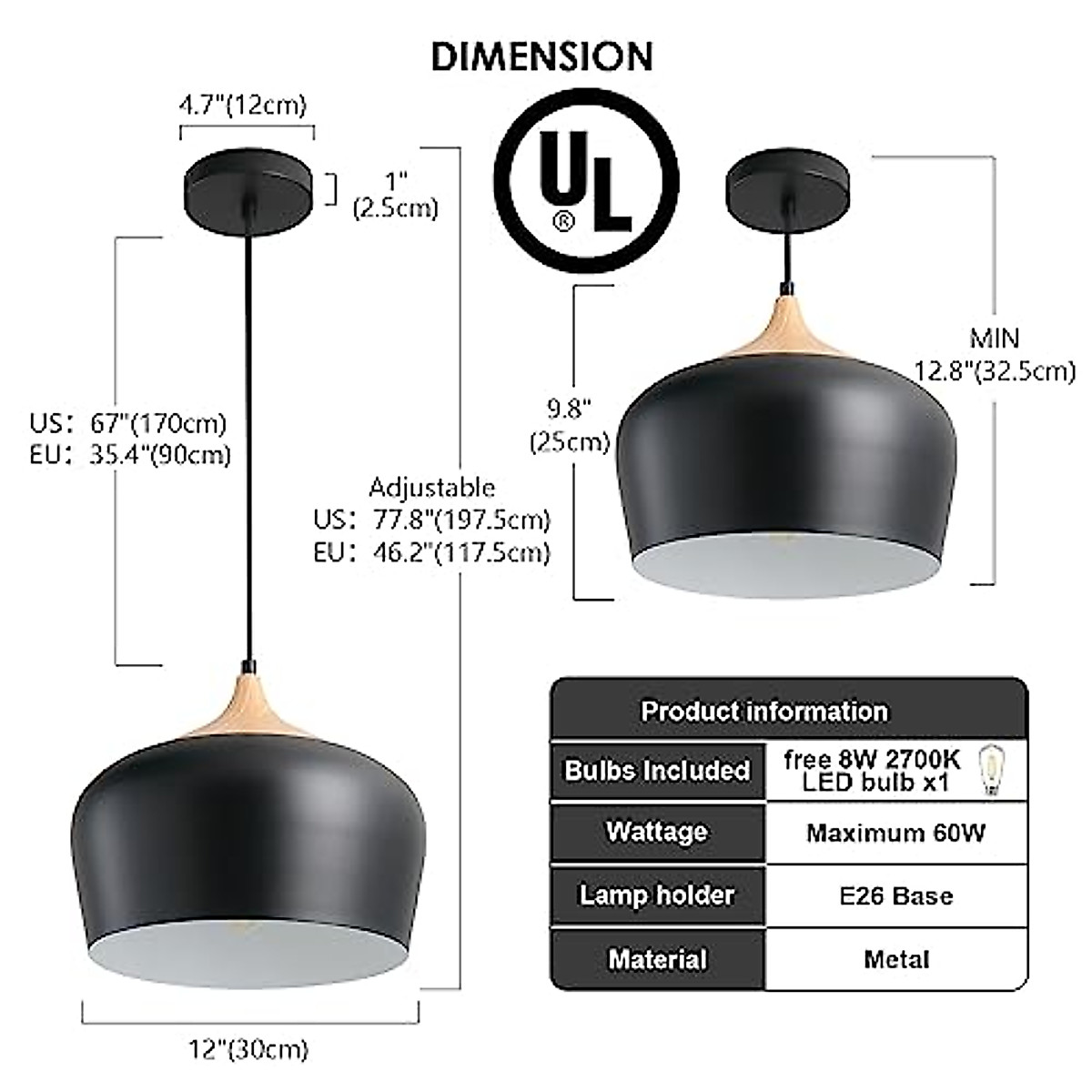 KARMIQI Farmhous Pendant Lights LED Bulb Included Black Pendant Lights Kitchen Island with Metal and Faux Wood Shade, Pendant Hanging Light Fixtures for Kitchen, Dining Room, Living Rooms,Hallway