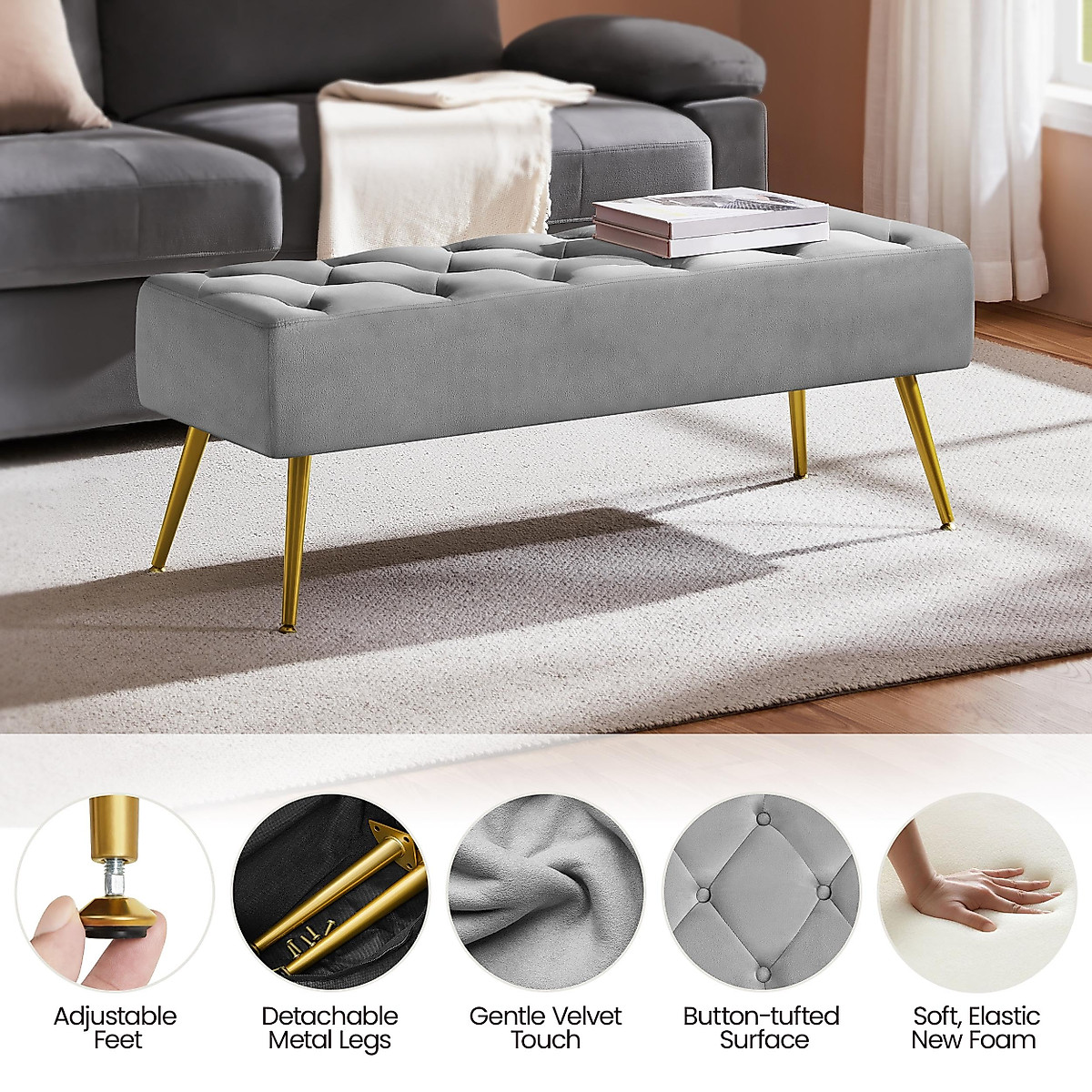 Yaheetech Modern Ottoman Bench Velvet Bench Upholstered Footrest with Gold Metal Legs and Padded Seat Gray