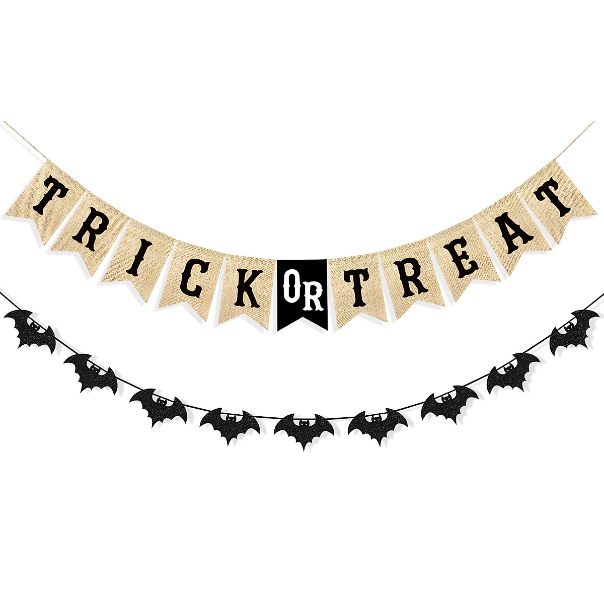 Uniwish Trick or Treat Burlap Banner Halloween Decorations for Mantel Fireplace Glitter Bat Garland Bunting Home Wall Decor Halloween Party Supplies